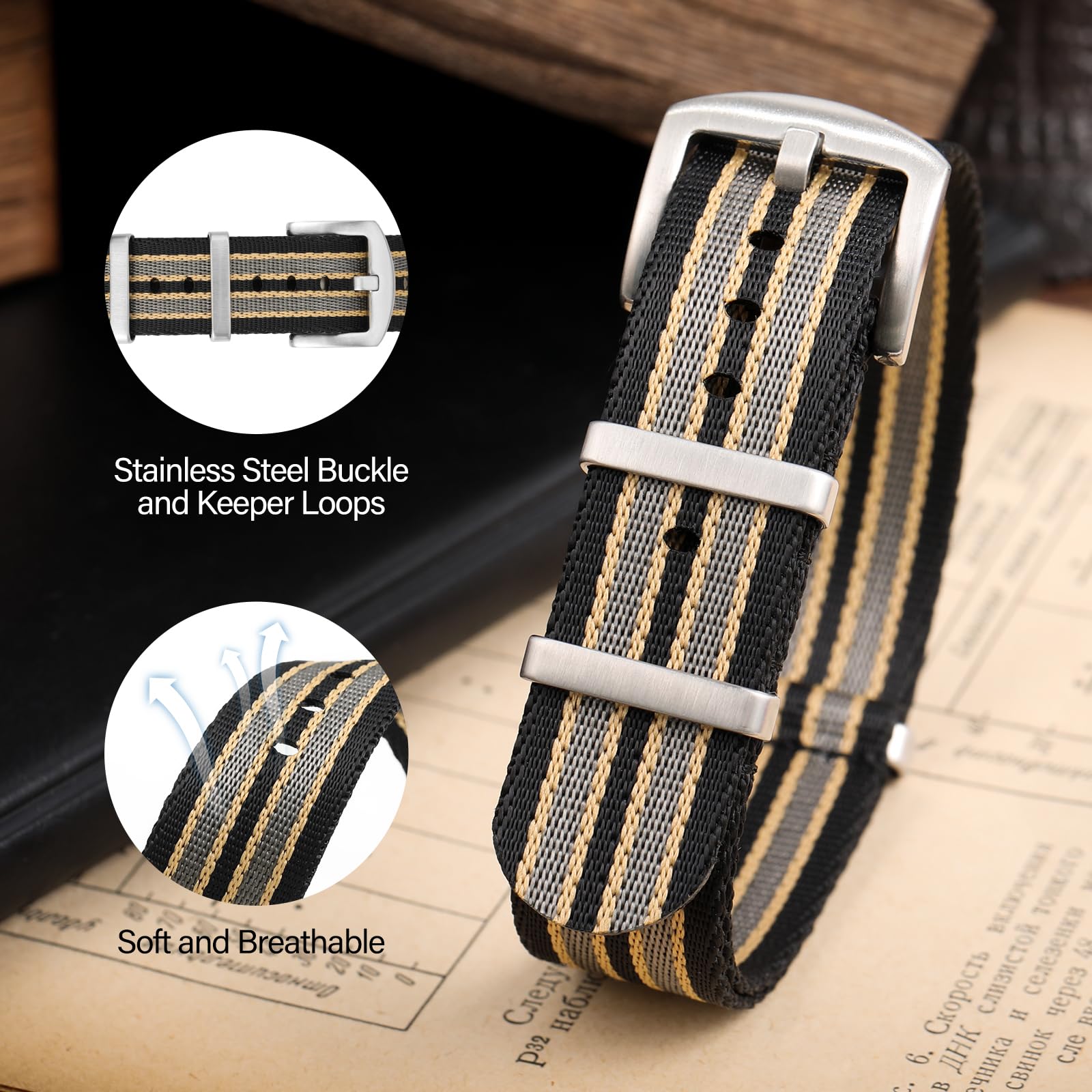 watchdives Nylon Watch Band 18mm 20mm 22mm Multicolor Replacement Watch Straps for Men Women (Black Yellow Gray, 20mm)