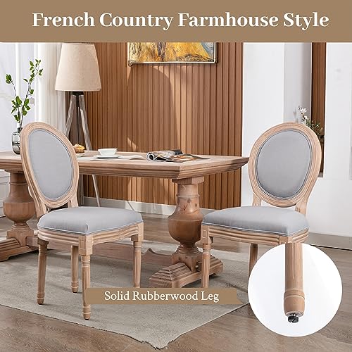 civama Dining Chairs Set of 4 French Vintage, Mid Century Upholstered Farmhouse Fabric Chair with Round Backrest and Solid Rubberwood Leg for Dining Room Bedroom Kitchen Restaurant, Light Grey