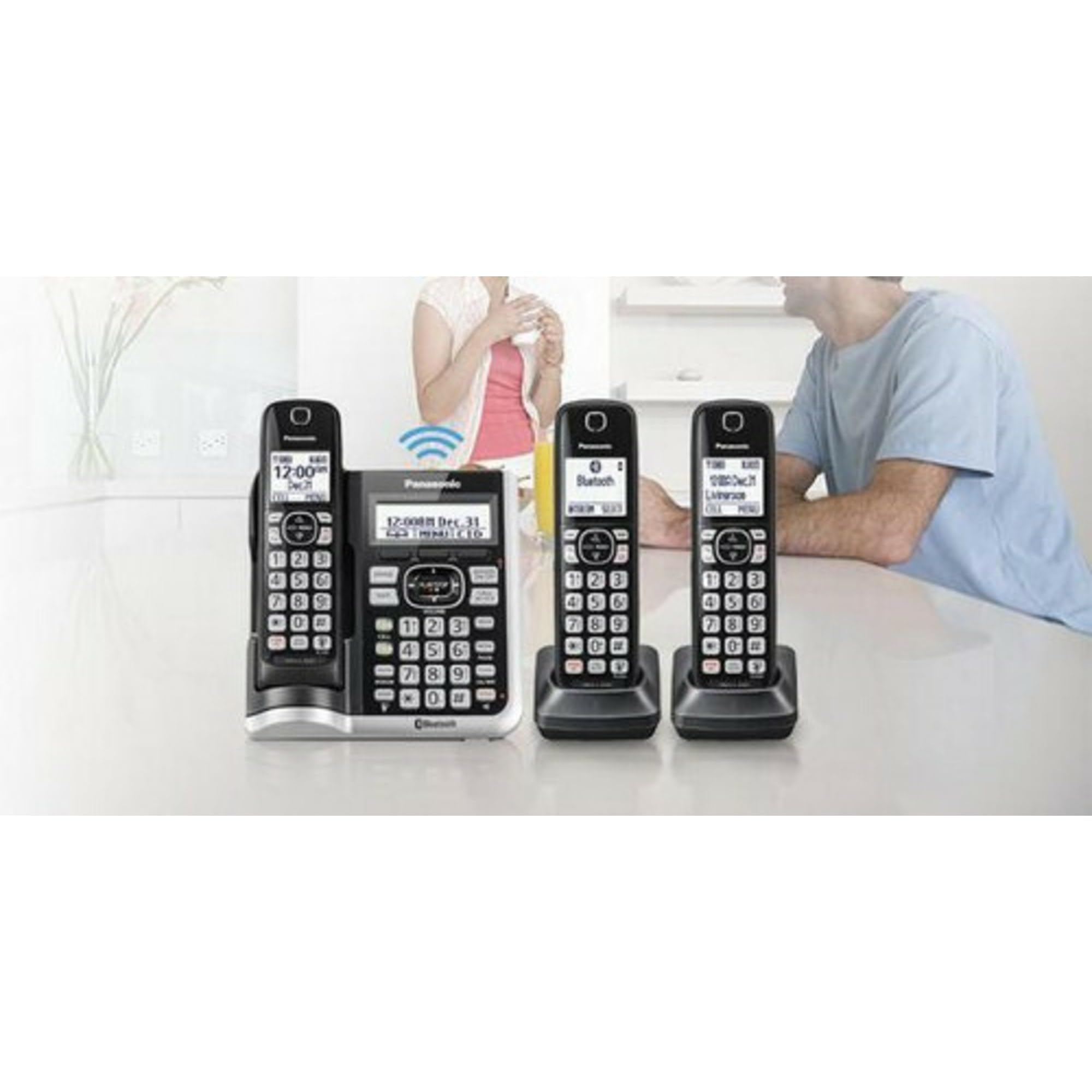 Panasonic Link2Cell Bluetooth Cordless Phone System with Voice Assistant, Call Blocking and Answering Machine. DECT 6.0 Expandable Cordless System - 3 Handsets - KX-TGF573S (Black/Silver Trim)