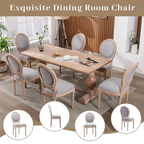 civama Dining Chairs Set of 4 French Vintage, Mid Century Upholstered Farmhouse Fabric Chair with Round Backrest and Solid Rubberwood Leg for Dining Room Bedroom Kitchen Restaurant, Light Grey