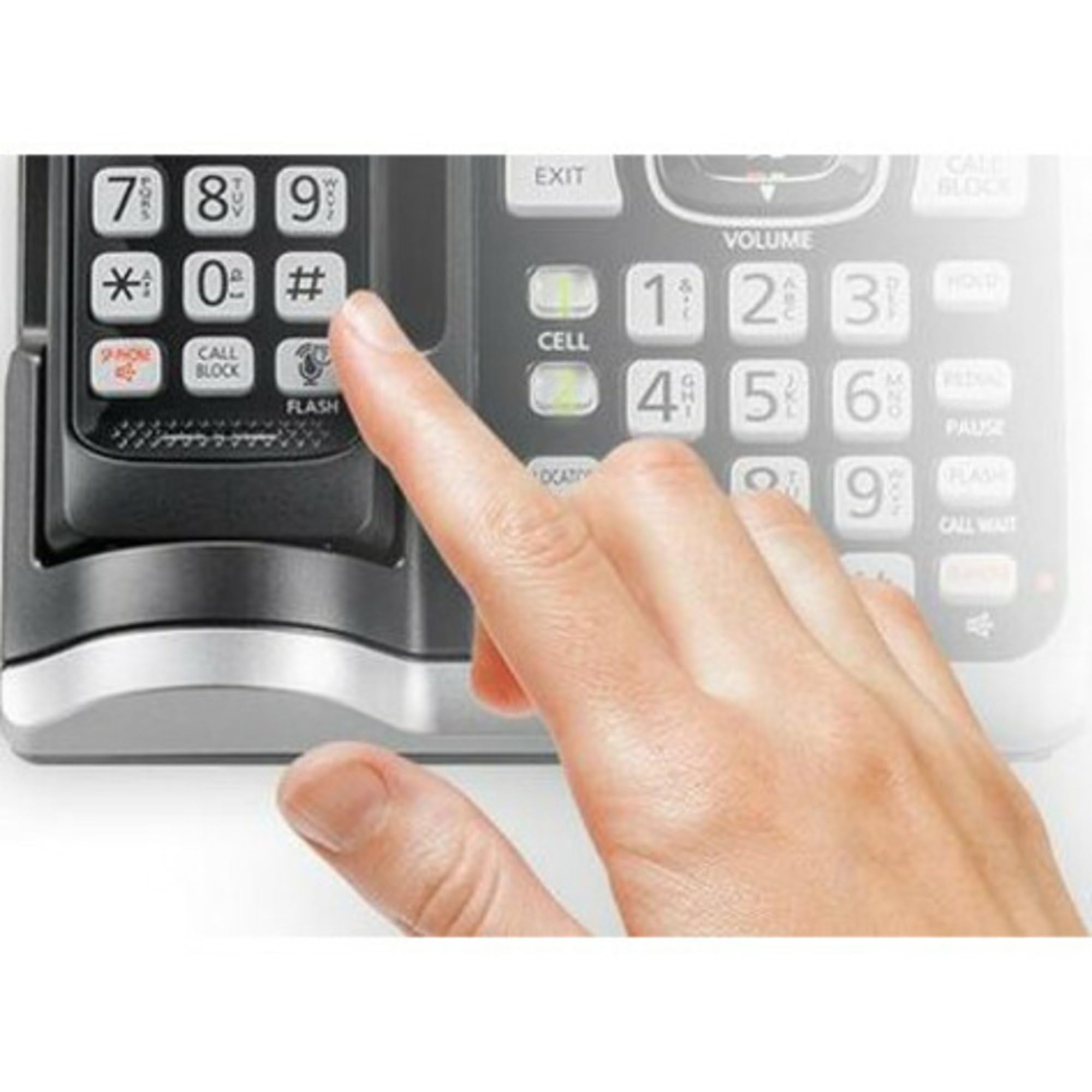 Panasonic Link2Cell Bluetooth Cordless Phone System with Voice Assistant, Call Blocking and Answering Machine. DECT 6.0 Expandable Cordless System - 3 Handsets - KX-TGF573S (Black/Silver Trim)