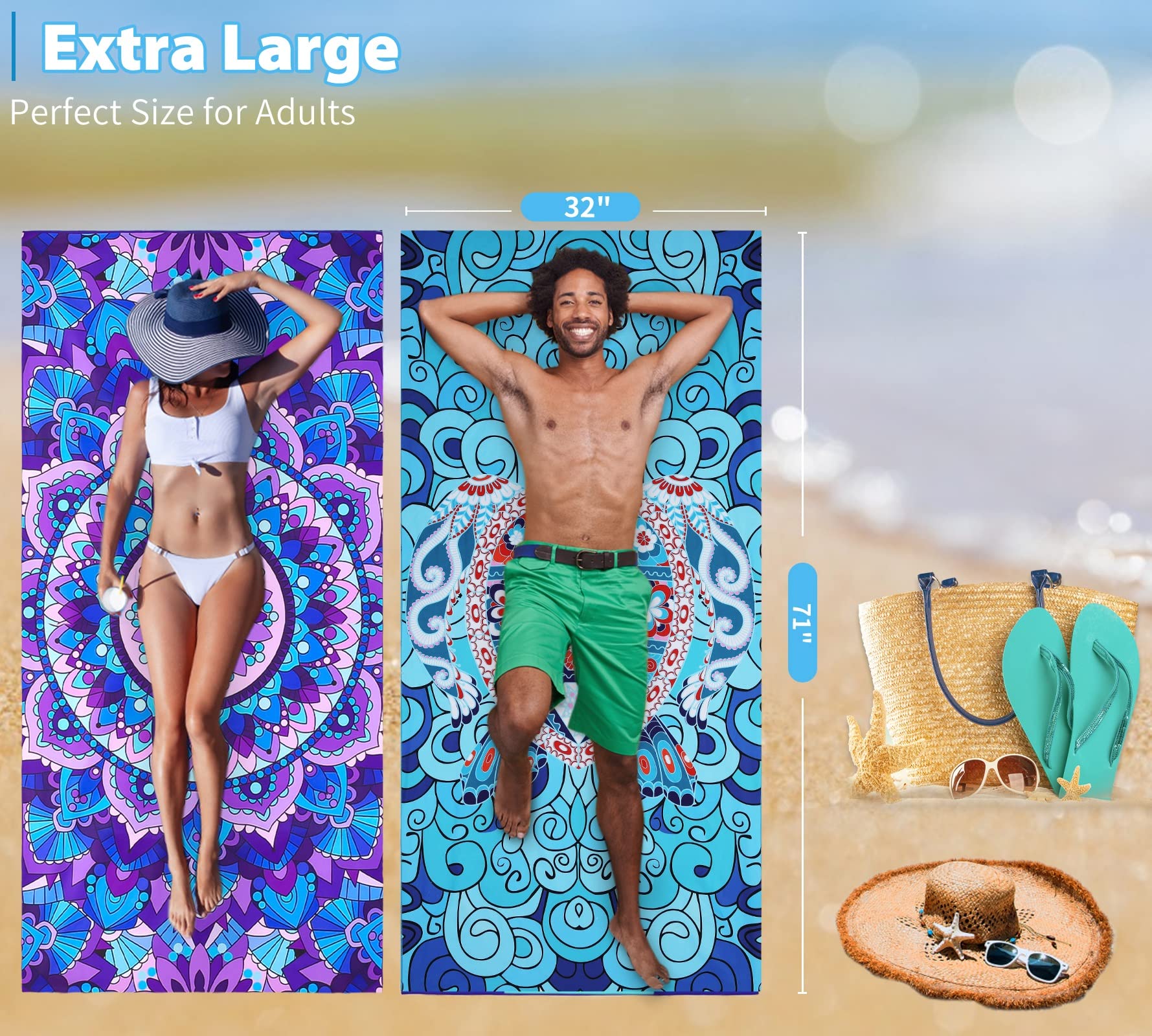 Qinqinamu 2 Pack Microfiber Oversized Lightweight Beach Towel 71"x32" Extra Thin Large Sand Free Towels Travel Swim Pool Yoga Gym for Adults Women Men Beach Essentials Accessories Vacation Gift