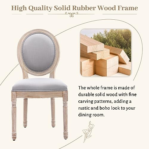 civama Dining Chairs Set of 4 French Vintage, Mid Century Upholstered Farmhouse Fabric Chair with Round Backrest and Solid Rubberwood Leg for Dining Room Bedroom Kitchen Restaurant, Light Grey