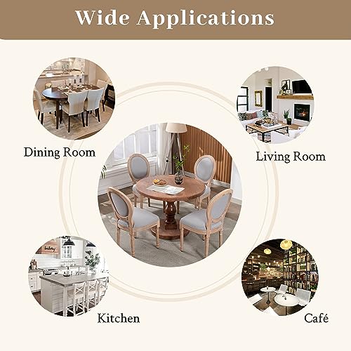 civama Dining Chairs Set of 4 French Vintage, Mid Century Upholstered Farmhouse Fabric Chair with Round Backrest and Solid Rubberwood Leg for Dining Room Bedroom Kitchen Restaurant, Light Grey