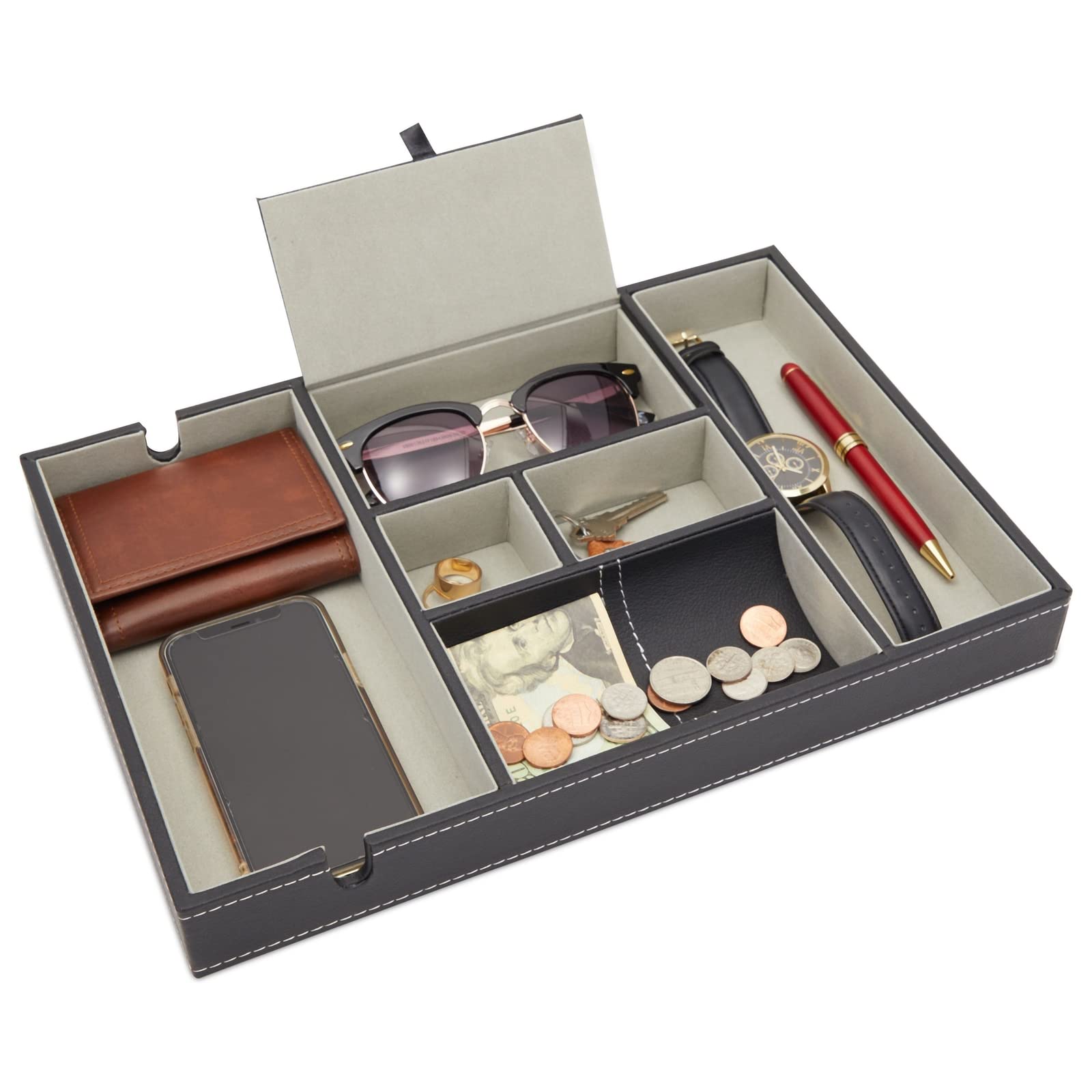 Juvale Leather Valet Catchall Tray for Men with 6 Compartments - Bedside Nightstand Organizer for Phones (Black)