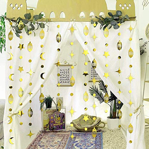 Gold Eid Mubarak Ramadan Decorations Hanging Star Moon Circle Dot Crescent Lamp Garland Streamer Backdrop Banner Decorations for Home Happy Ramadan Lesser Bairam Islam Muslim Wedding Birthday Party