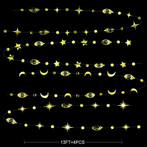 Gold Eid Mubarak Ramadan Decorations Hanging Star Moon Circle Dot Crescent Lamp Garland Streamer Backdrop Banner Decorations for Home Happy Ramadan Lesser Bairam Islam Muslim Wedding Birthday Party