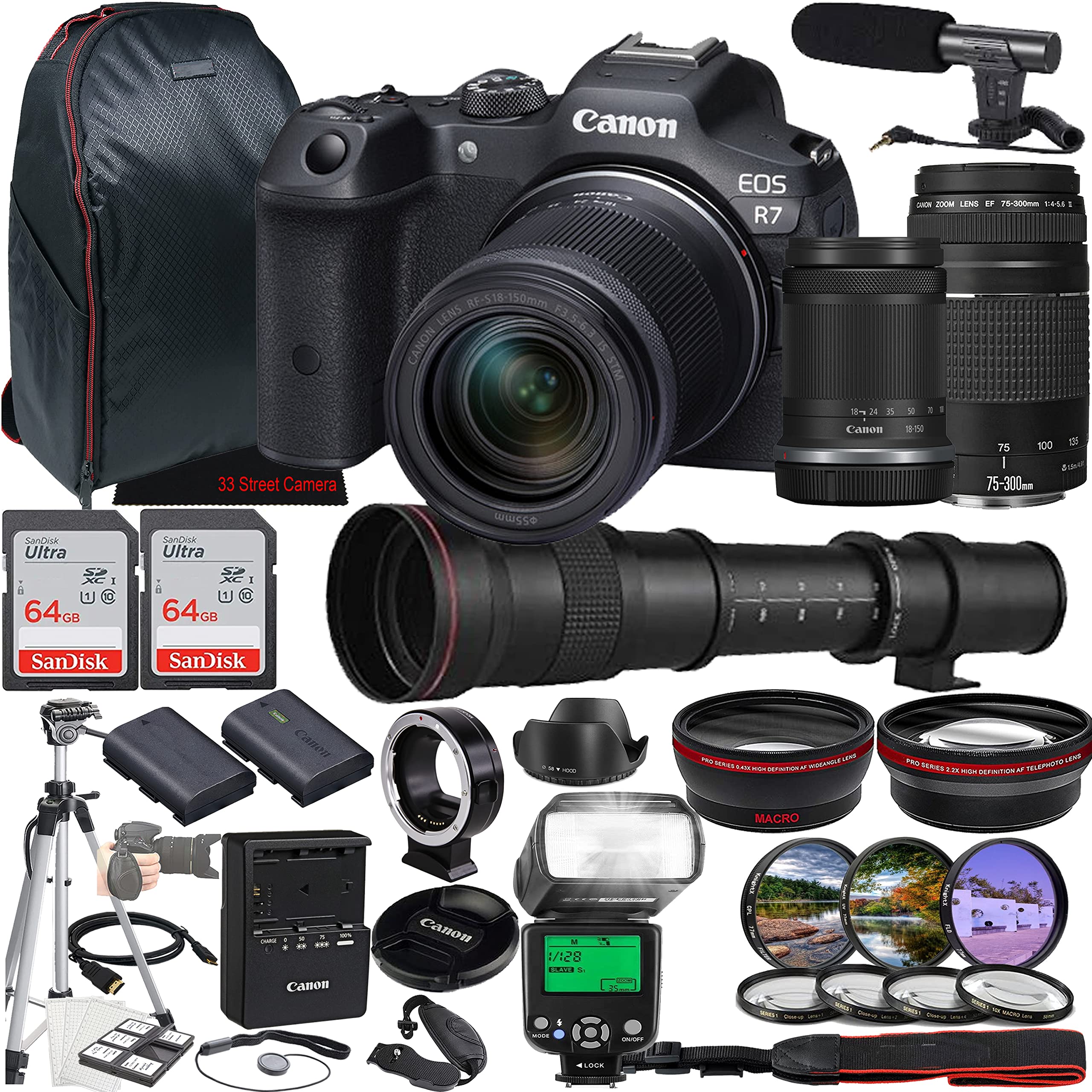 Canon EOS R7 Mirrorless Camera w/RF-S 18-150mm f/3.5-6.3 is STM Lens + EF 75-300mm f/4-5.6 III Lens + 420-800mm f/8.3 HD Lens + 2X 64GB Memory + Microphone + Filters + TTL Flash + More (35pc Bundle)