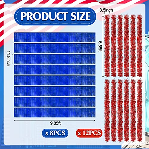 20 Pcs 4th of July Parade Float Decorations Including 8 Pcs 10 ft Metallic Foil Fringe Curtains 12 Pcs 6.5 ft Tinsel Garland for Flag Day Independence Day Party Car Decorations