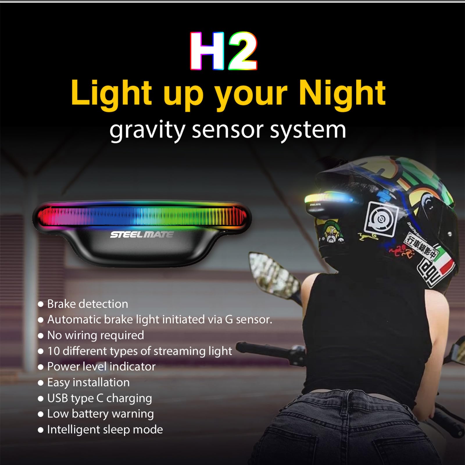 STEEL MATE H2 Helmet Brake Light and Running Light for Motorcycle Safety Rechargeable LED Signal Light for Helmet (WITHOUT ECU)