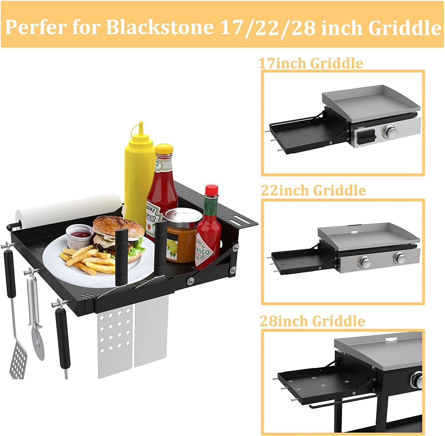New Upgraded Griddle Caddy Shelf for Blackstone 17"/ 22"/ 28" Griddle, Addition Side Rack Storage Tray with Paper Towel Holder, Spatula Holder and 3 Hooks Organizer for Blackstone Grill Accessories