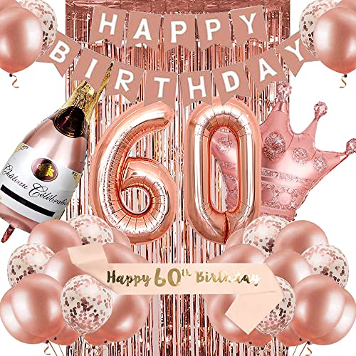60th Birthday Decorations for Women, Rose Gold 60 Birthday Party Decoration for Her, 60 Years Old Happy Birthday Banner Kits Rose gold Balloons Decoration for Women 60th Birthday Party Supplies