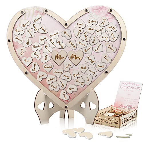 YIKBIK Wedding Guest Book Alternative,Rustic Wedding Book for Guests to Sign,Wedding Decorations with Hearts for Reception,Unique Wedding Decorations,Wedding Guestbook with Wooden Color Printing Frame