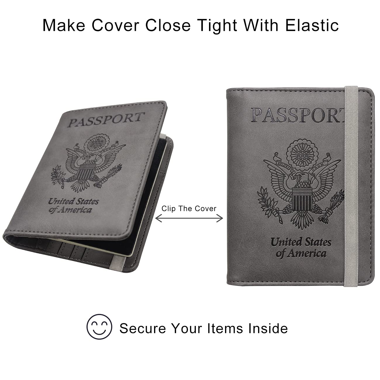 WALNEW Passport Holder Wallet, RFID Blocking Passport Cover Case PU leather Card Holder with Pen and Clear Card Slot for Women Men, Gray