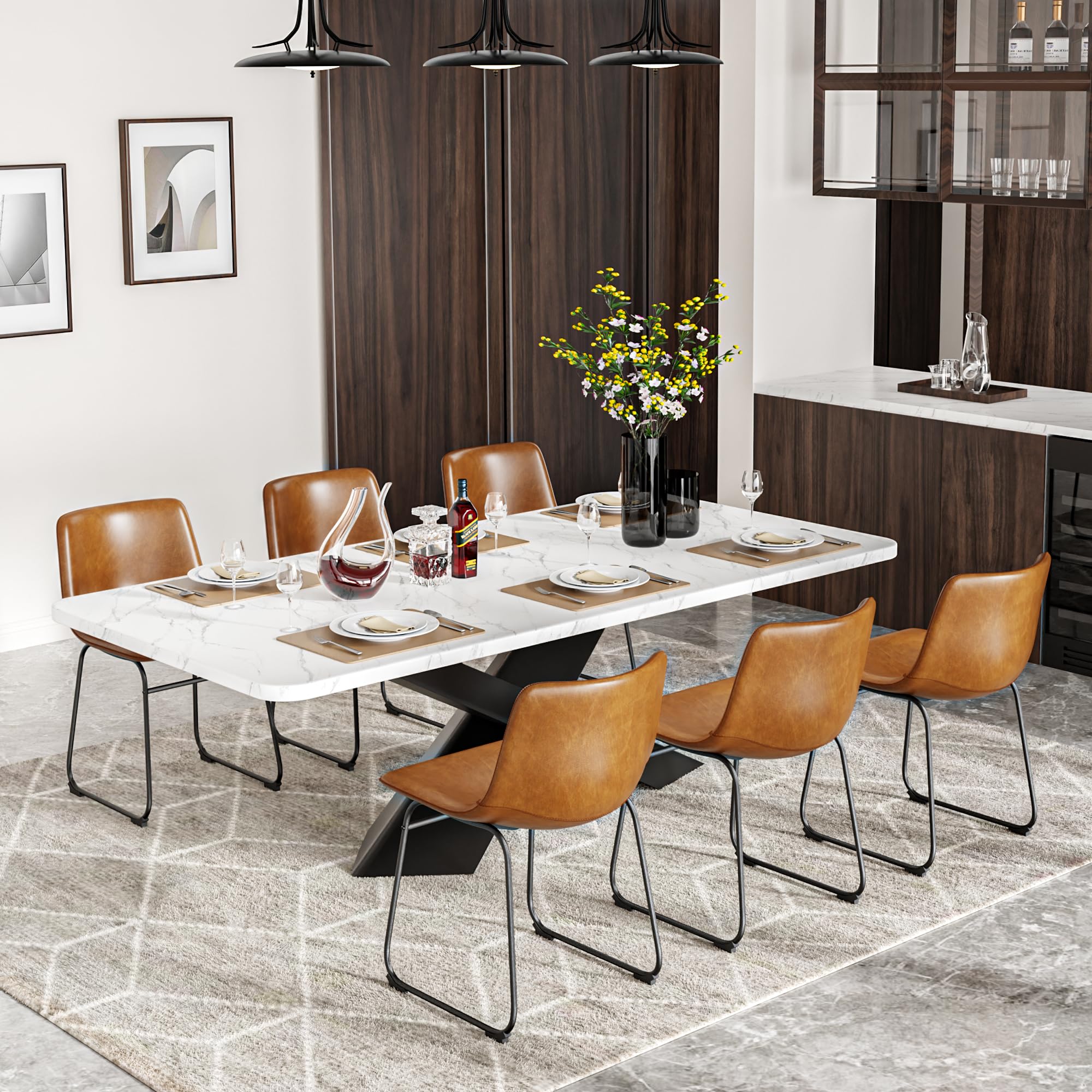 Aowos Dining Chairs Set of 4, 18 Inch Modern Armless Dining Chair with Back, Faux Leather Kitchen Dining Room Chair with Metal Legs for Home, Bistro Coffee Shops (Brown)