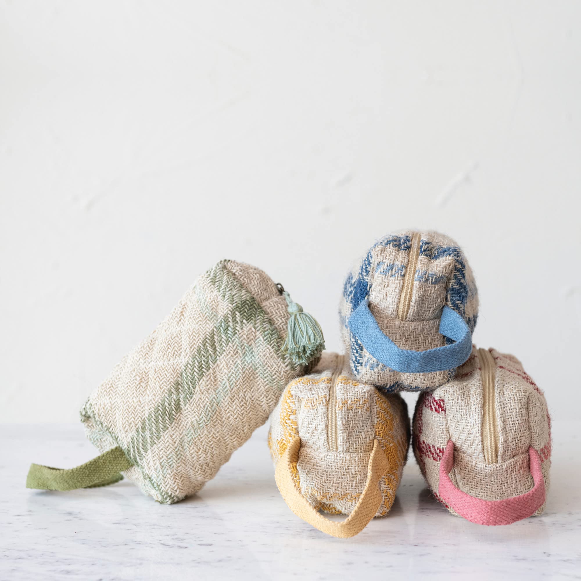 Creative Co-Op Quilted Jute Plaid Zip Handles, Set of 4 Colors Pouch, Multi