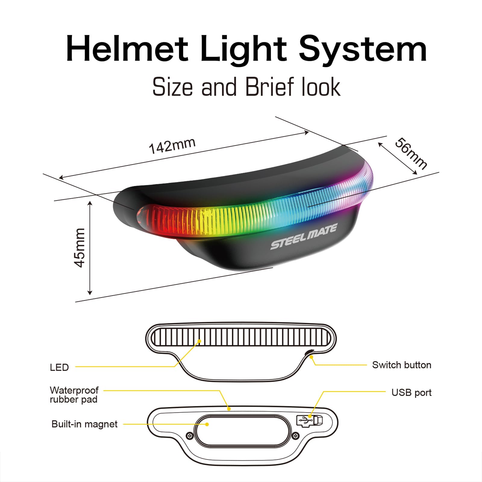 STEEL MATE H2 Helmet Brake Light and Running Light for Motorcycle Safety Rechargeable LED Signal Light for Helmet (WITHOUT ECU)