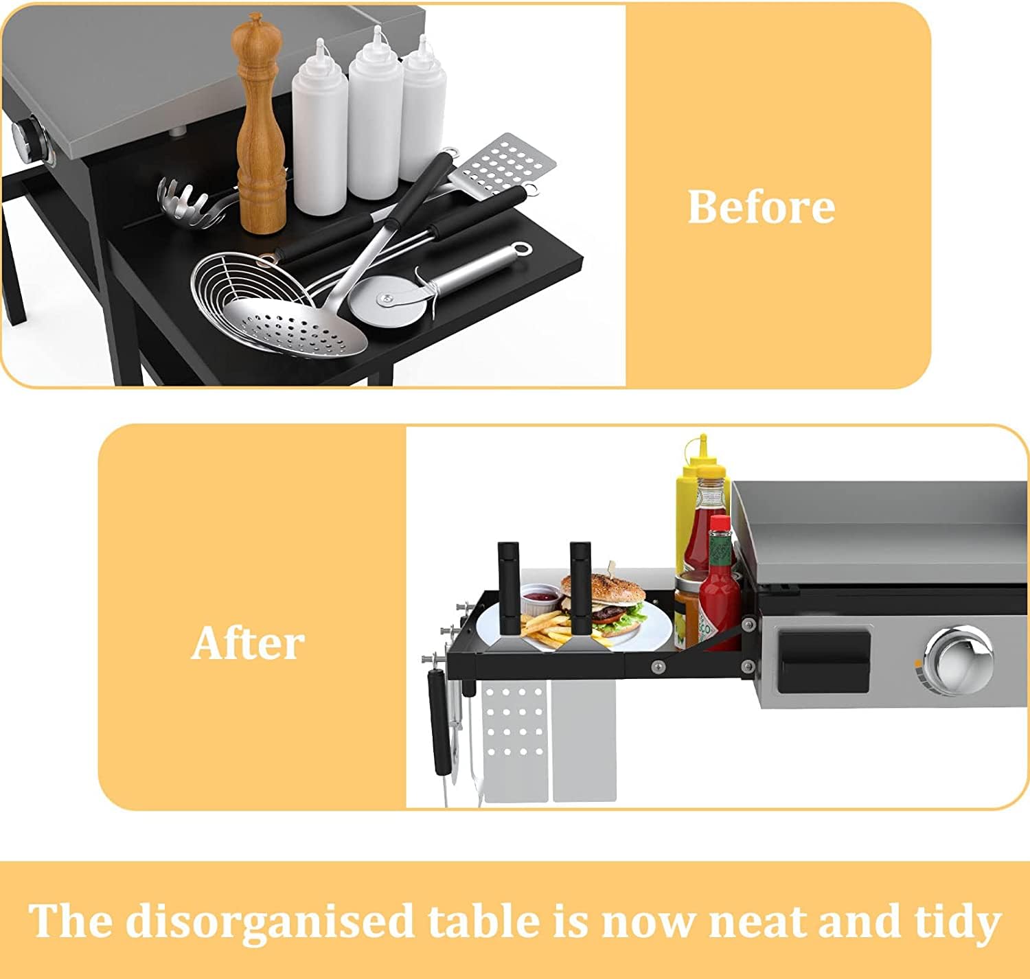 New Upgraded Griddle Caddy Shelf for Blackstone 17"/ 22"/ 28" Griddle, Addition Side Rack Storage Tray with Paper Towel Holder, Spatula Holder and 3 Hooks Organizer for Blackstone Grill Accessories