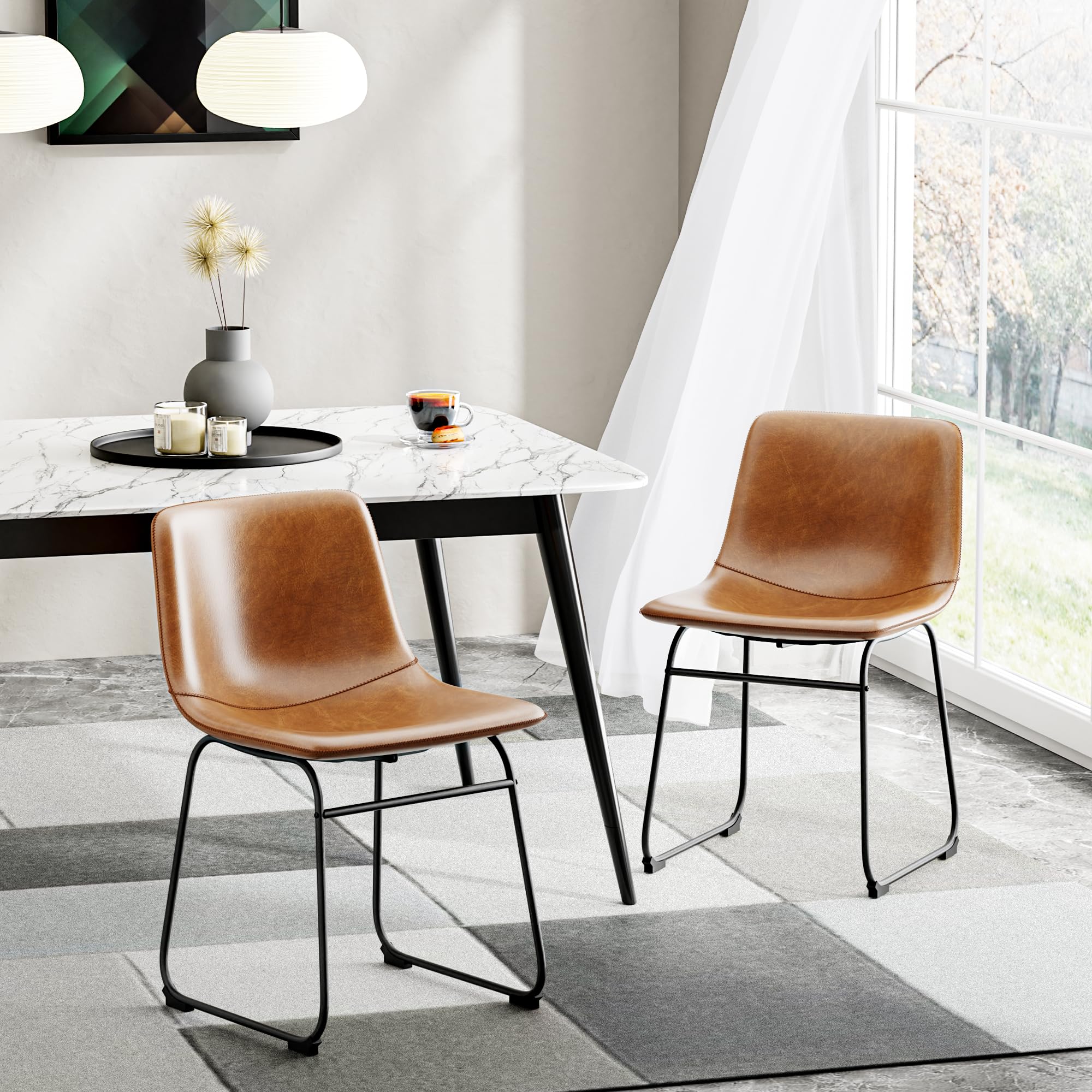 Aowos Dining Chairs Set of 4, 18 Inch Modern Armless Dining Chair with Back, Faux Leather Kitchen Dining Room Chair with Metal Legs for Home, Bistro Coffee Shops (Brown)