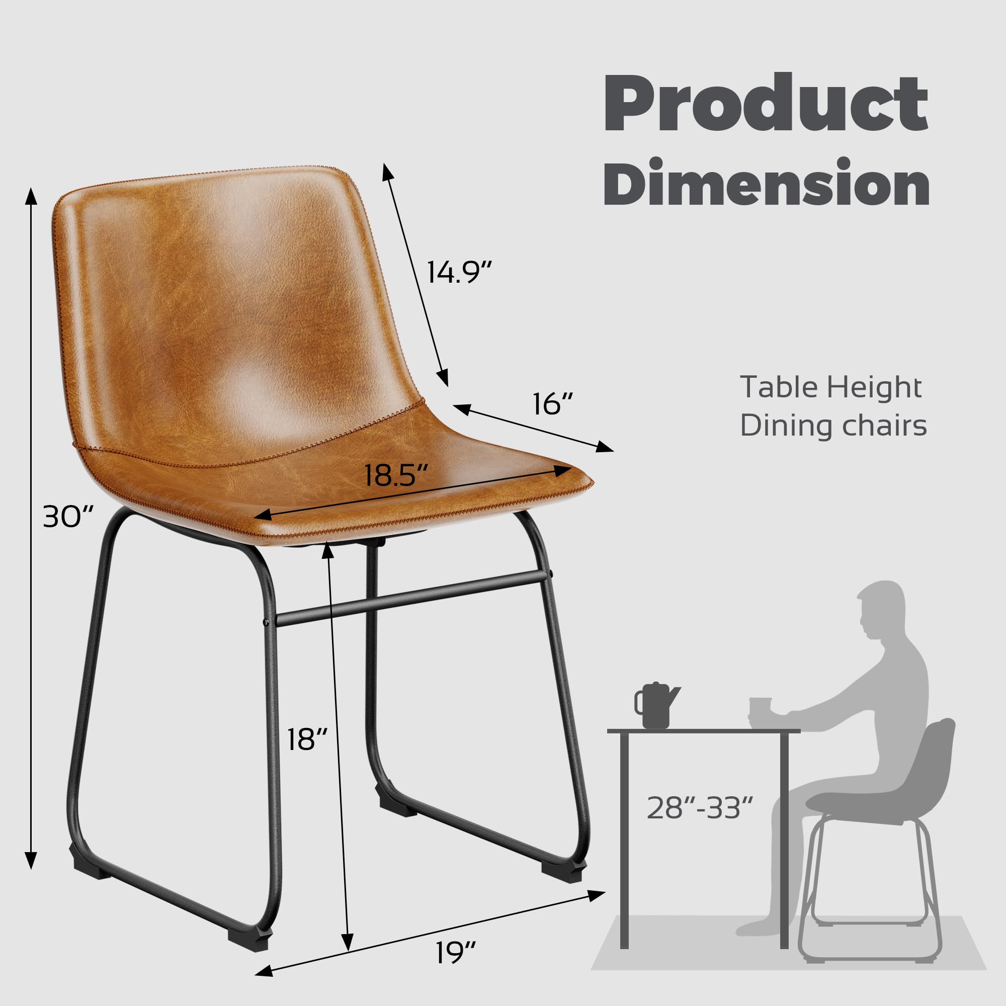 Aowos Dining Chairs Set of 4, 18 Inch Modern Armless Dining Chair with Back, Faux Leather Kitchen Dining Room Chair with Metal Legs for Home, Bistro Coffee Shops (Brown)