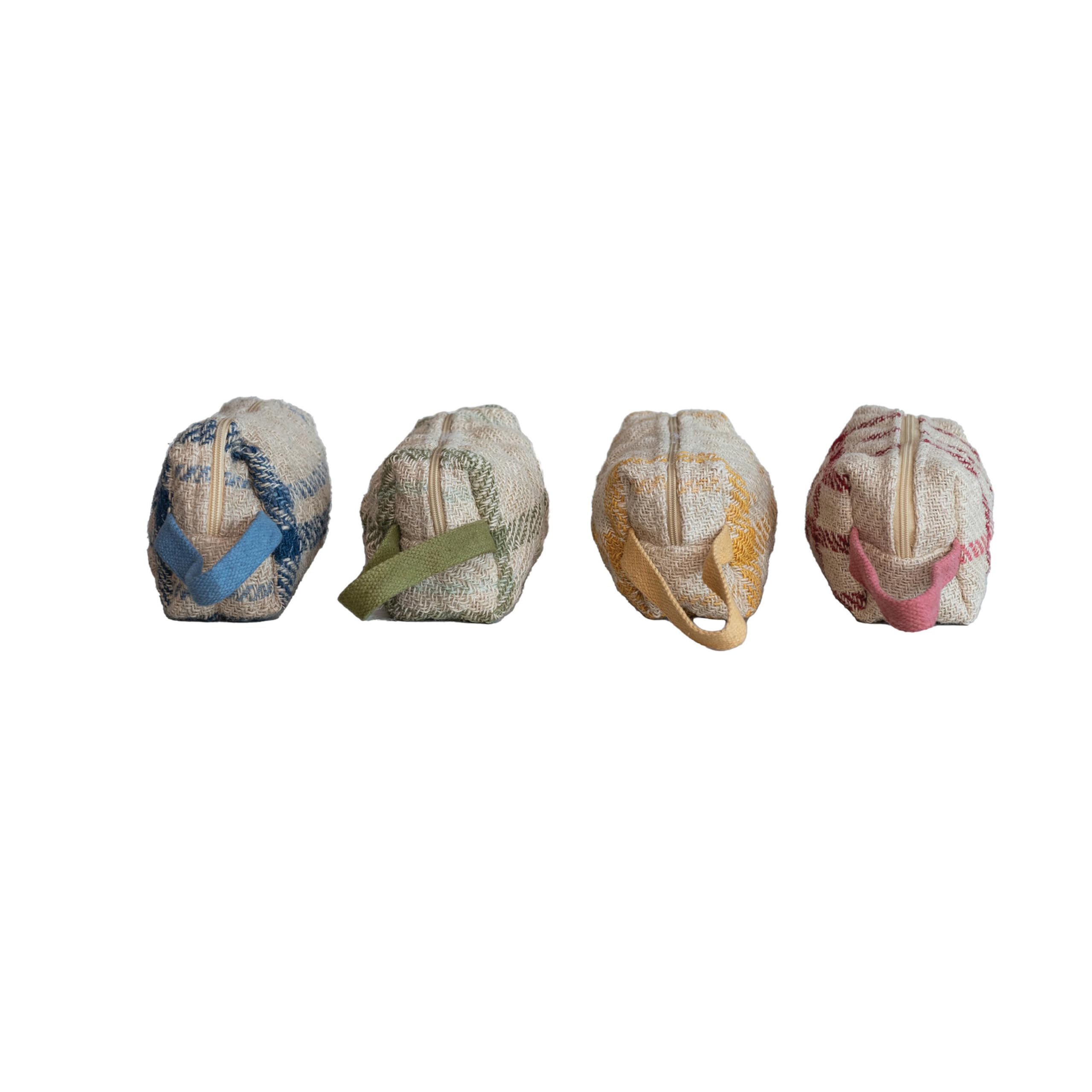 Creative Co-Op Quilted Jute Plaid Zip Handles, Set of 4 Colors Pouch, Multi
