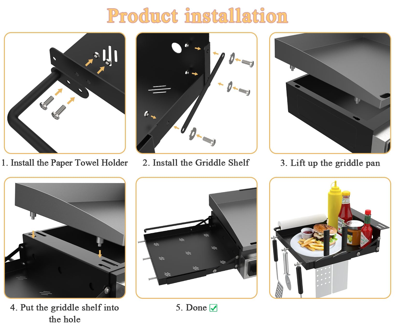 New Upgraded Griddle Caddy Shelf for Blackstone 17"/ 22"/ 28" Griddle, Addition Side Rack Storage Tray with Paper Towel Holder, Spatula Holder and 3 Hooks Organizer for Blackstone Grill Accessories