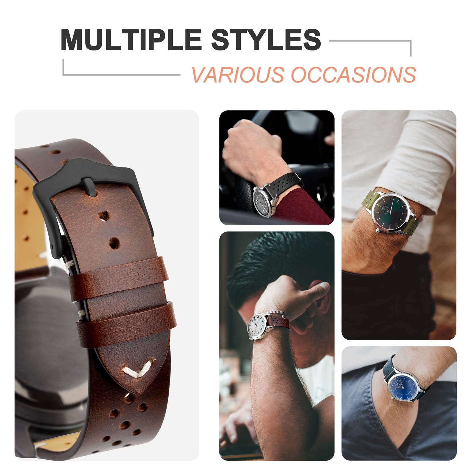 ANNEFIT Vintage Leather Watch Strap 22mm, Quick Release Replacement Band for Men and Women with Black Buckle (Brown)