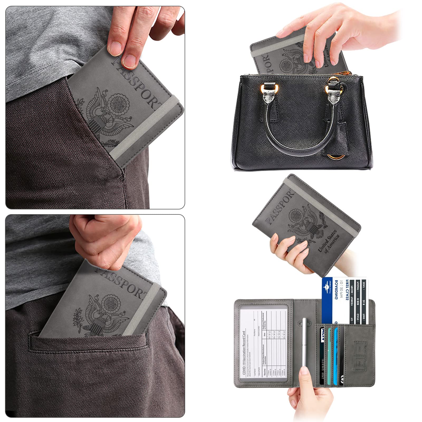 WALNEW Passport Holder Wallet, RFID Blocking Passport Cover Case PU leather Card Holder with Pen and Clear Card Slot for Women Men, Gray