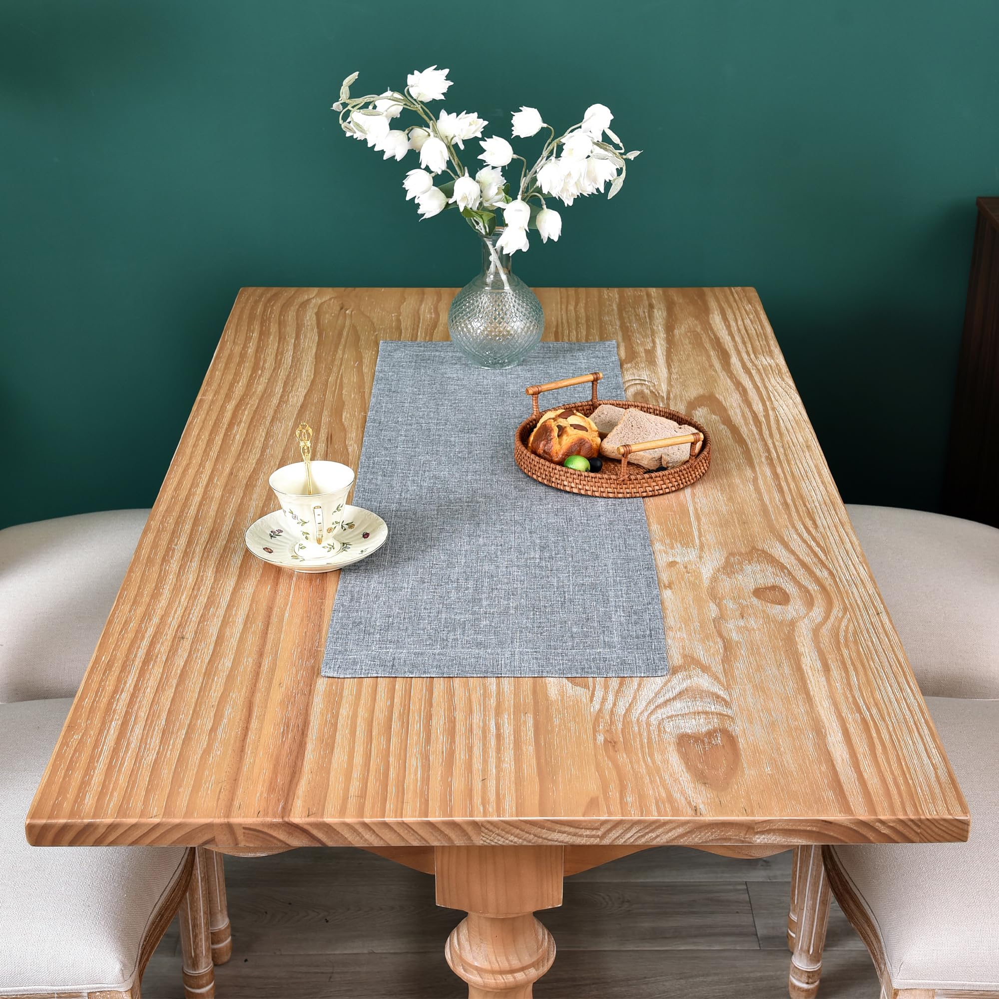 NEWISHER Farmhouse Rustic Table Runner Solid Grey Rectangular Table Runners Faux Linen Table Runner for Everyday Use Kitchen Dining Party Table 13x36 Inch
