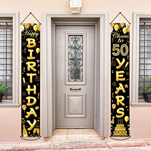 50th Birthday Party Banner Decorations for Women Men 50 Year Old Door Banners Signs Black Gold Cheers to 50 Years Brithday Party Supplies Welcome Porch Sign for Indoor Outdoor (50th)