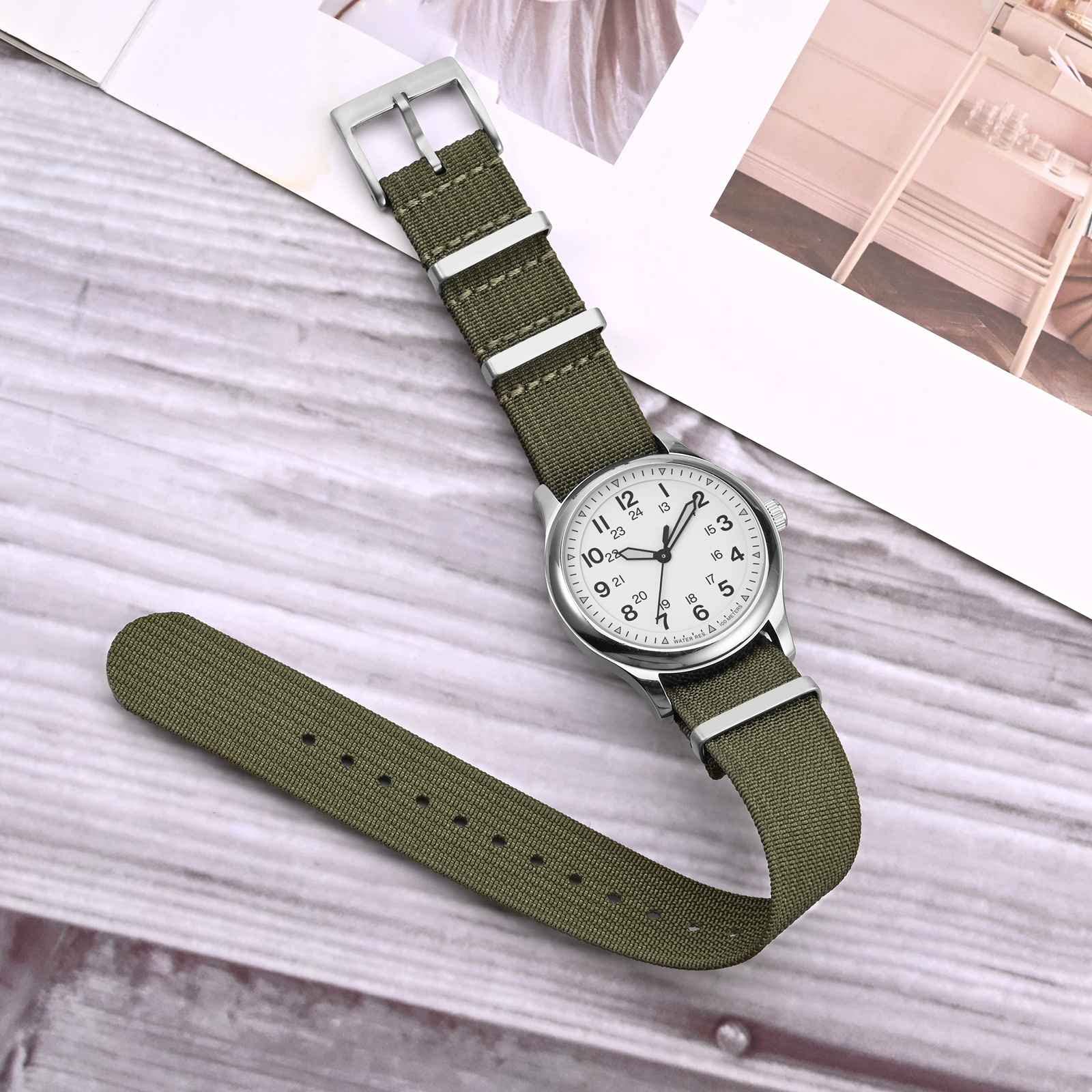 ANNEFIT Nylon Watch Band 20mm, One-Piece Waterproof Military Watch Straps with Heavy Silver Buckle (Army Green)