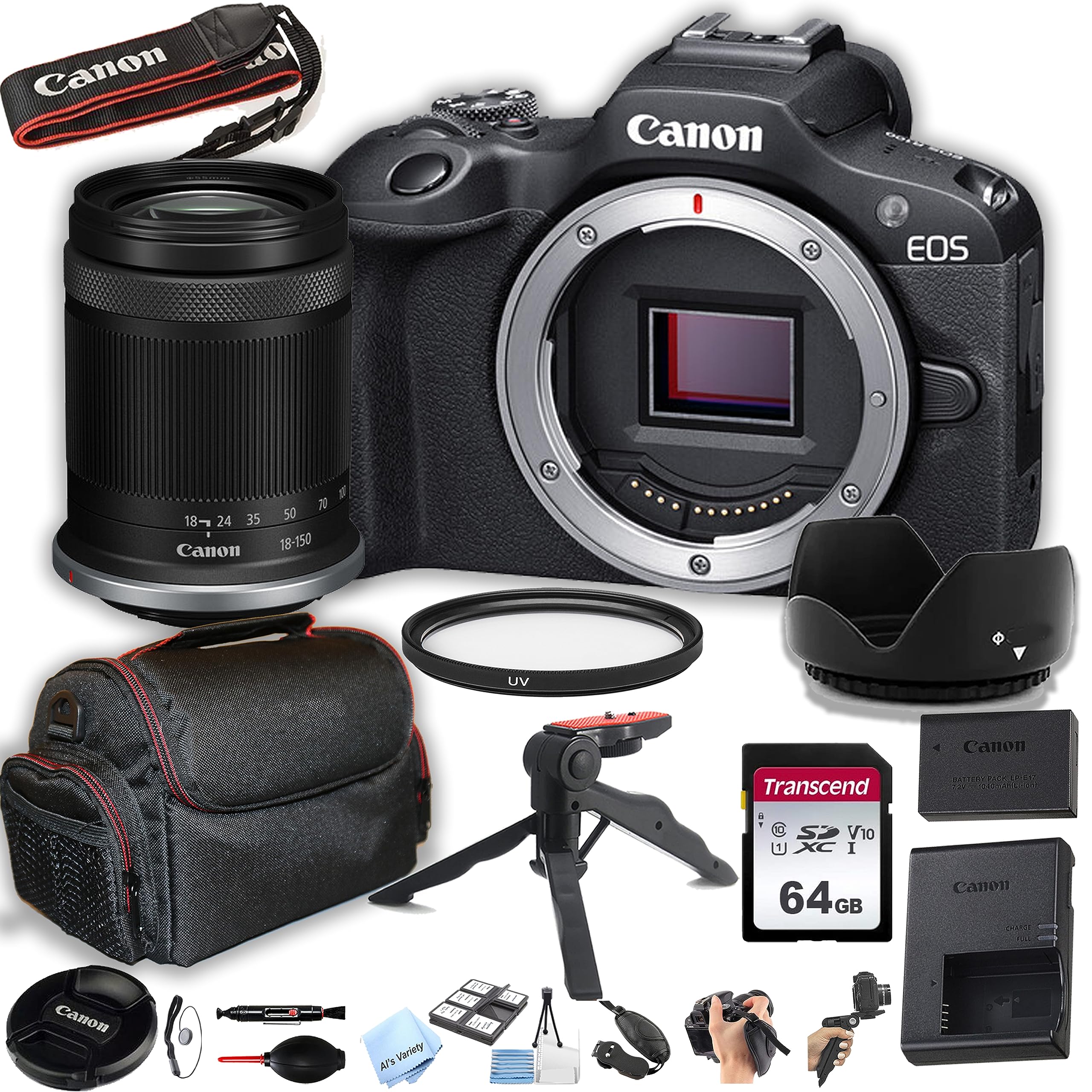 Canon EOS R100 Mirrorless Camera with 18-150mm Lens + 64GB Memory Card, Case, Hood, Grip-Pod, Filter Professional Photo Bundle (Renewed)