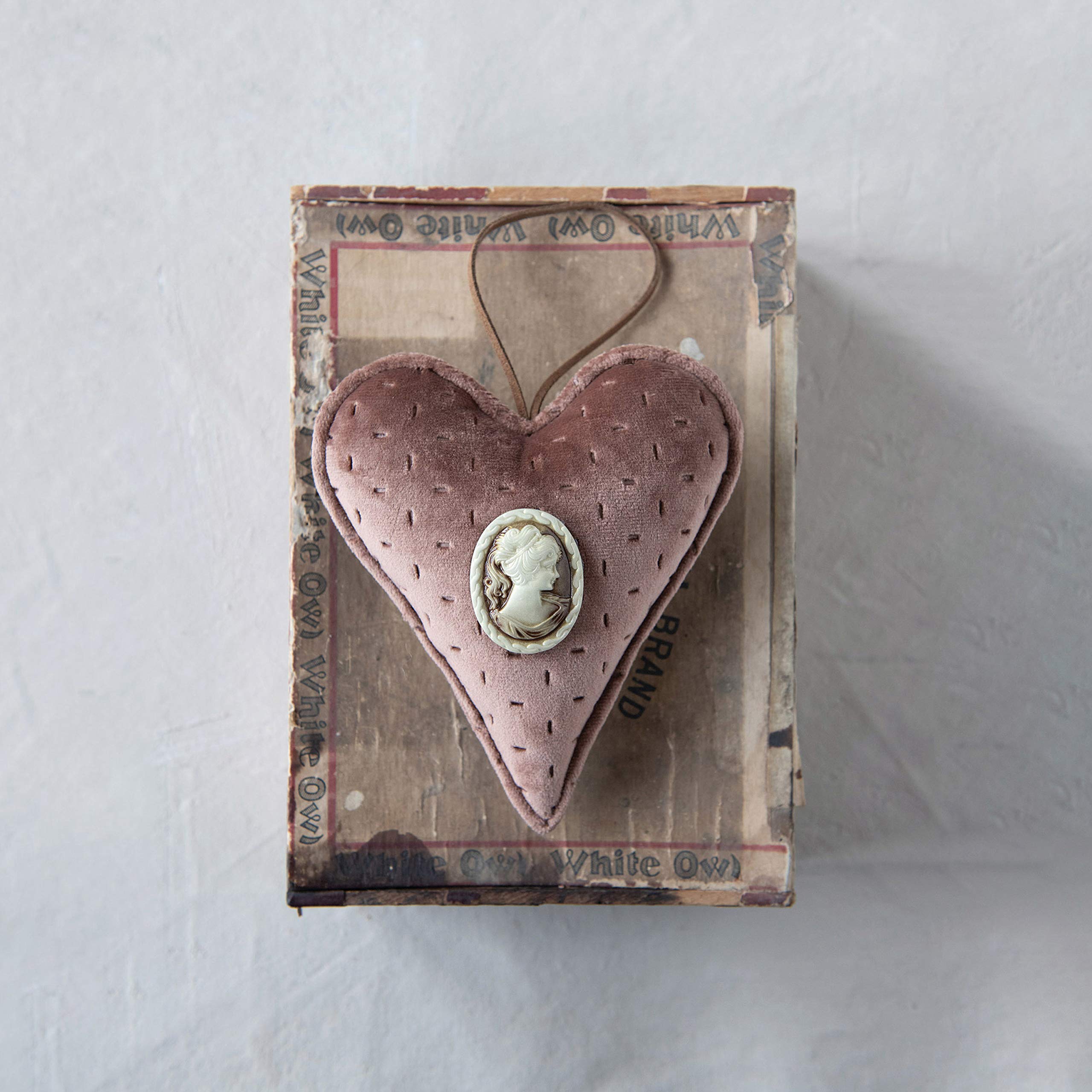 Creative Co-Op 6" H Velvet Heart w/Gold Finish Cameo, Plum Color Textile Ornaments, Multi