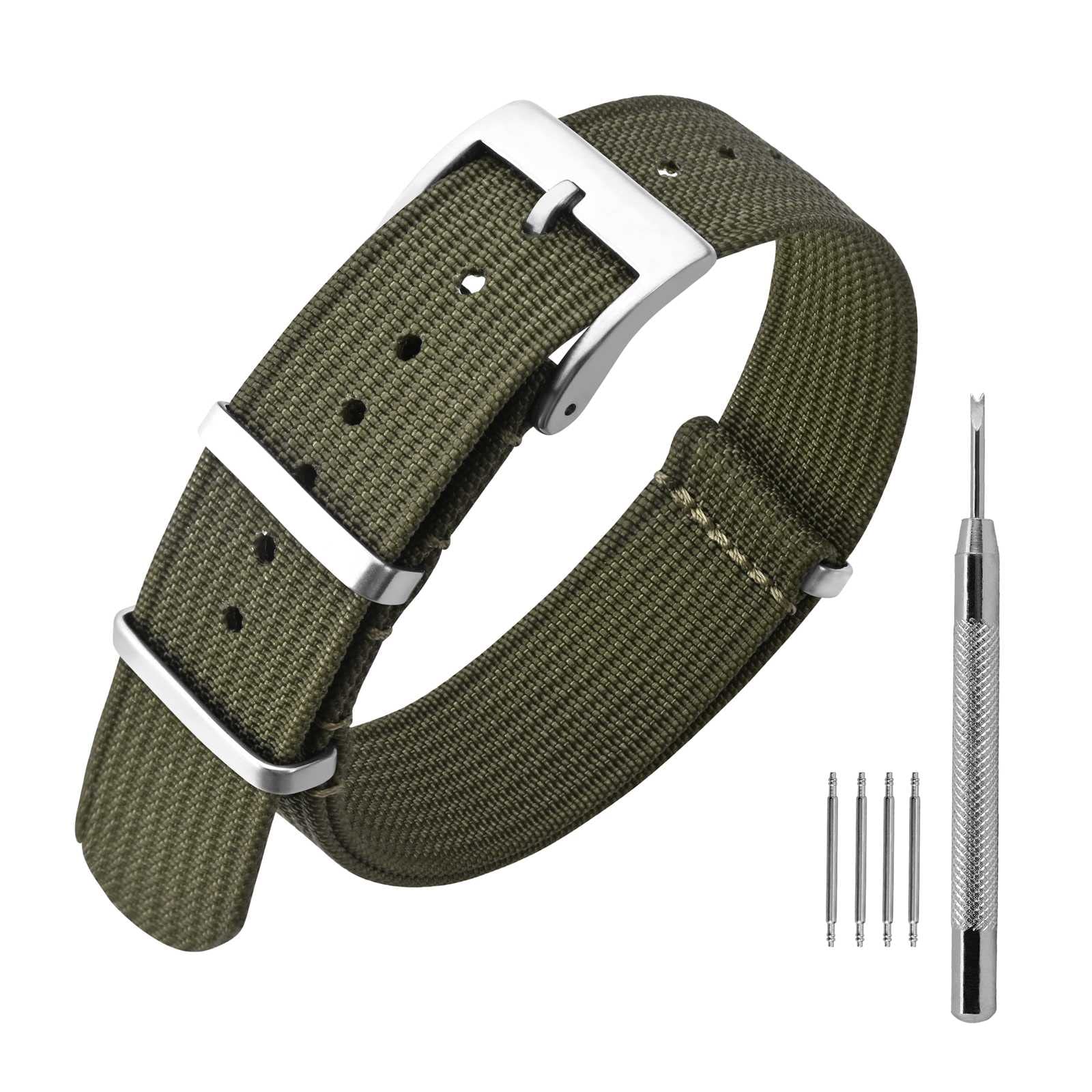ANNEFIT Nylon Watch Band 20mm, One-Piece Waterproof Military Watch Straps with Heavy Silver Buckle (Army Green)