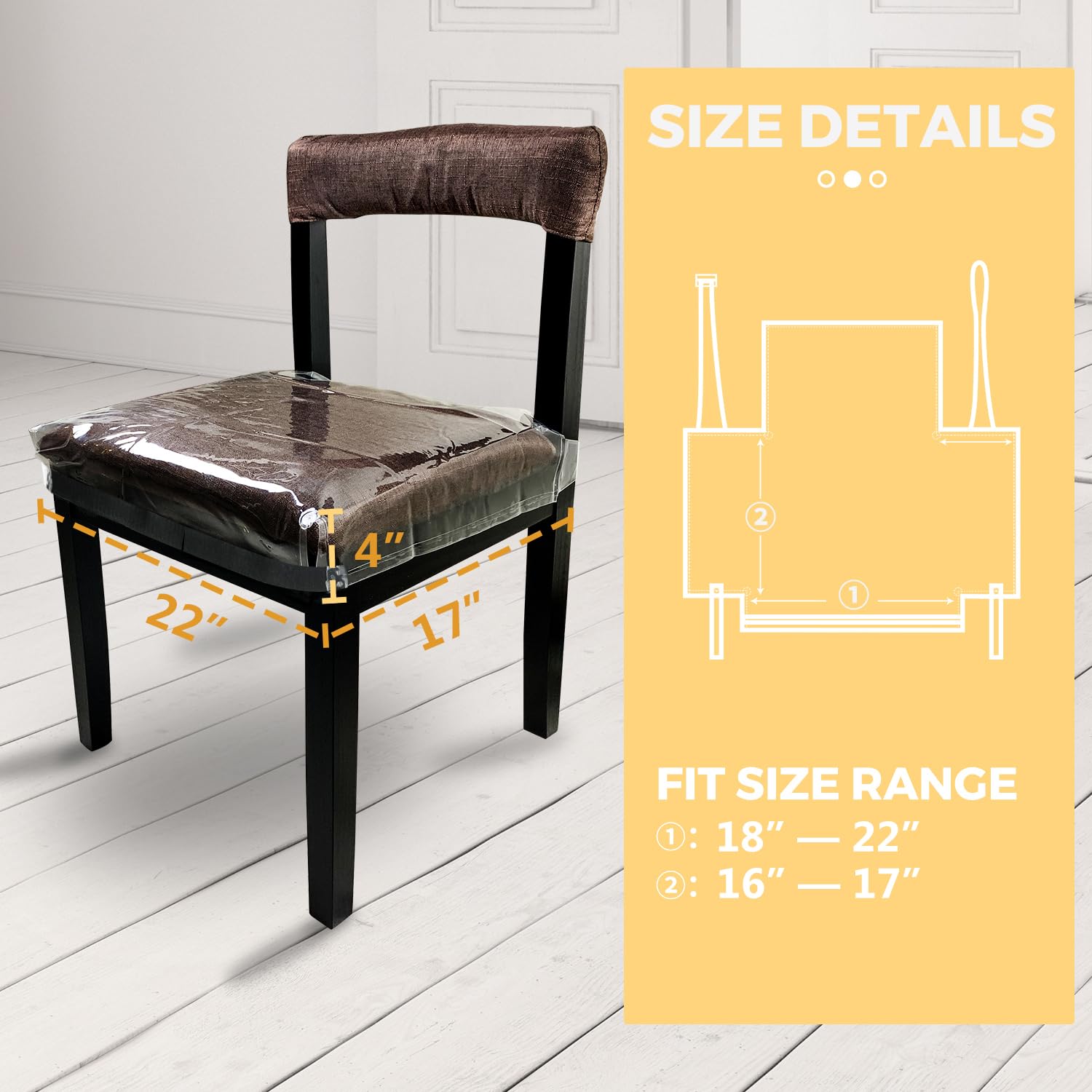 6 Pack Large Plastic Chair Covers Protectors for Dining Room, Clear Chair Seat Cover with Adjustable Belt Strap Fits 18”-22” Seats, Waterproof & Scratch Resistant Heavy Duty PVC Dining Chair Cover Set