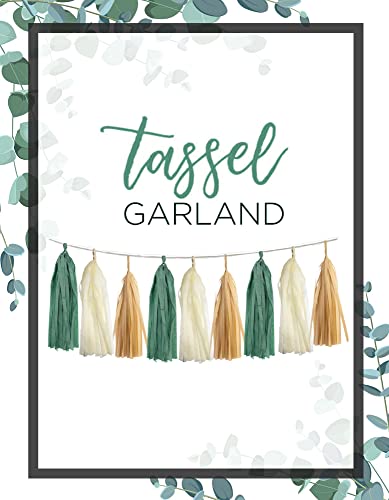 3 Pack Eucalyptus Sage Green Kraft Tan Brown Ivory Tissue Tassel Banner Garland Neutral Sage Baby Shower Boho Wedding Bridal Shower Birthday Party Backdrop Photo Prop Decoration