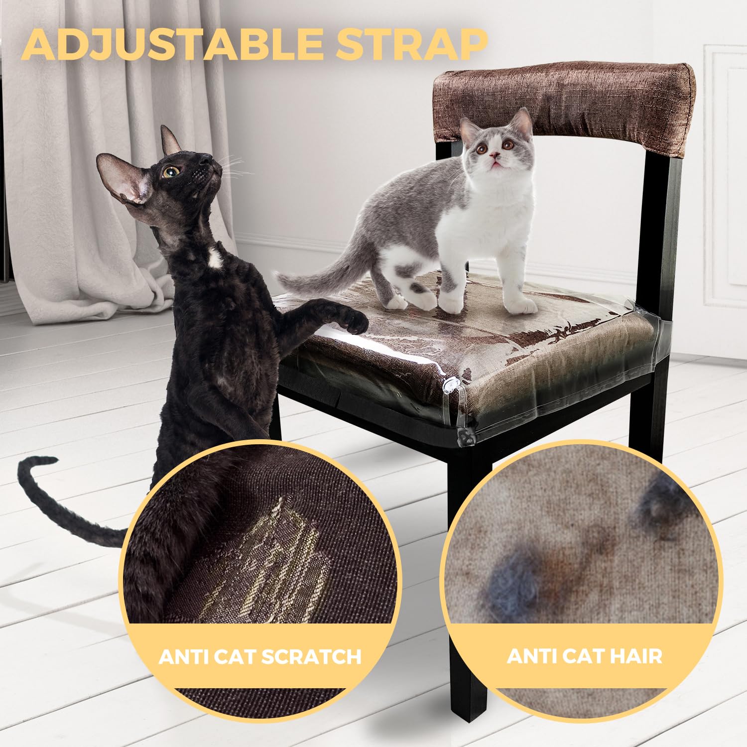 6 Pack Large Plastic Chair Covers Protectors for Dining Room, Clear Chair Seat Cover with Adjustable Belt Strap Fits 18”-22” Seats, Waterproof & Scratch Resistant Heavy Duty PVC Dining Chair Cover Set
