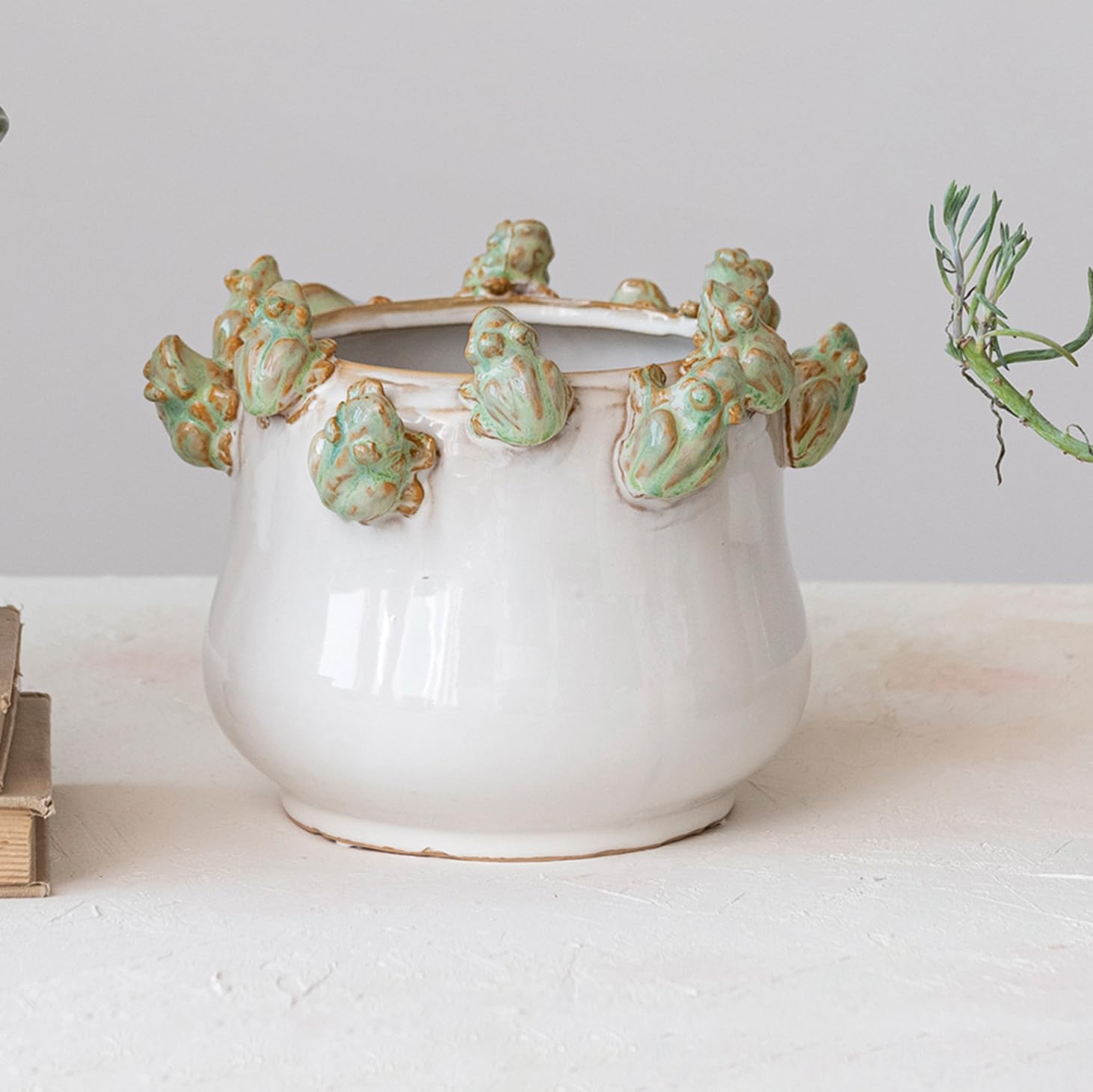 Creative Co-Op Stoneware Planter with Frog Figurine Rim, Multicolor