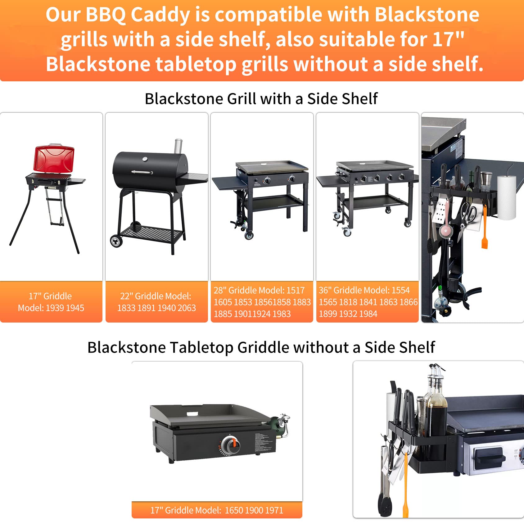 Griddle Caddy for Blackstone 36"/28"/17" Grill Utensil Storage, Grill Caddy for Outdoor Grill Blackstone Griddle Accessories Organizer, BBQ Caddy with Paper Towel Holder, Spatulas Slot, 4 J-Hooks