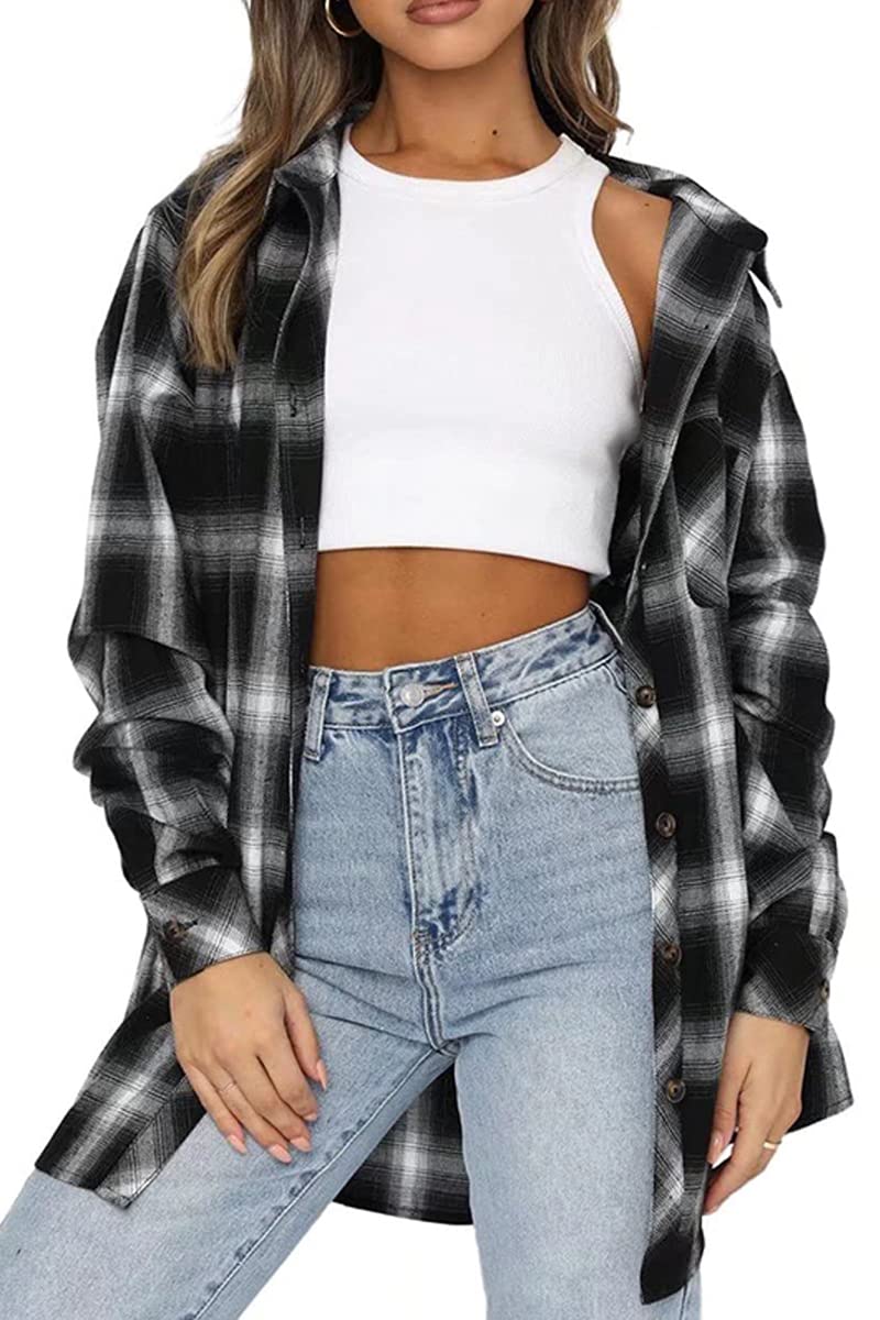 CHYRII Womens Button Down Flannel Shirts Long Sleeve Plaid Shacket Business Casual Tops Black S