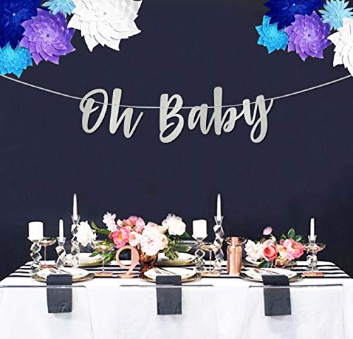 Inkdotpot Oh Baby Pre-Assembled Cursive Bunting Flags Metallic Silver Baby Shower Decor Gender Reveal Bunting Banner