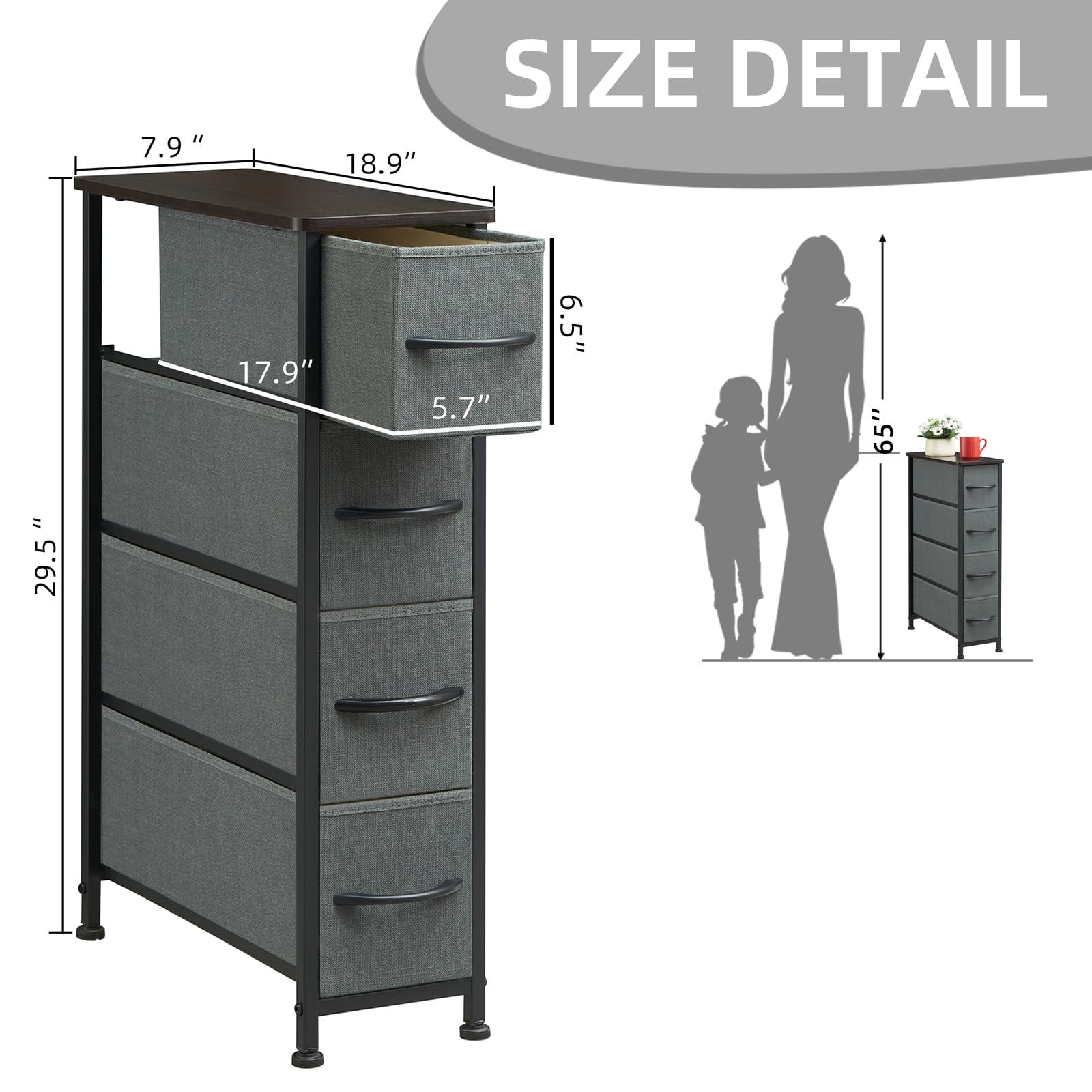 Somdot Narrow Dresser with 4 Drawers, Slim Storage Chest of Drawers with Removable Fabric Drawers for Closet Small Spaces Bathroom Bedroom Laundry, Charcoal Grey