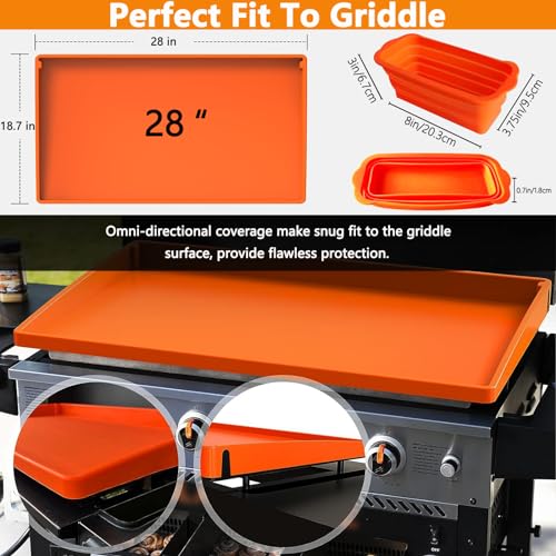 Silicone Griddle Mat with Grease Cup Liners for Blackstone 28" Griddle, High-Wall & Full-All-Encompassing Heavy Duty Food Grade Silicone Grill Buddy Mat, Protecttion Griddle from Dirt & Rust (Orange)