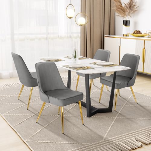 KithKasa Dining Chairs Set of 4 Upholstered Mid-Century Modern Velvet Accent Desk Chair with Gold Legs for Kitchen Living Room Grey…