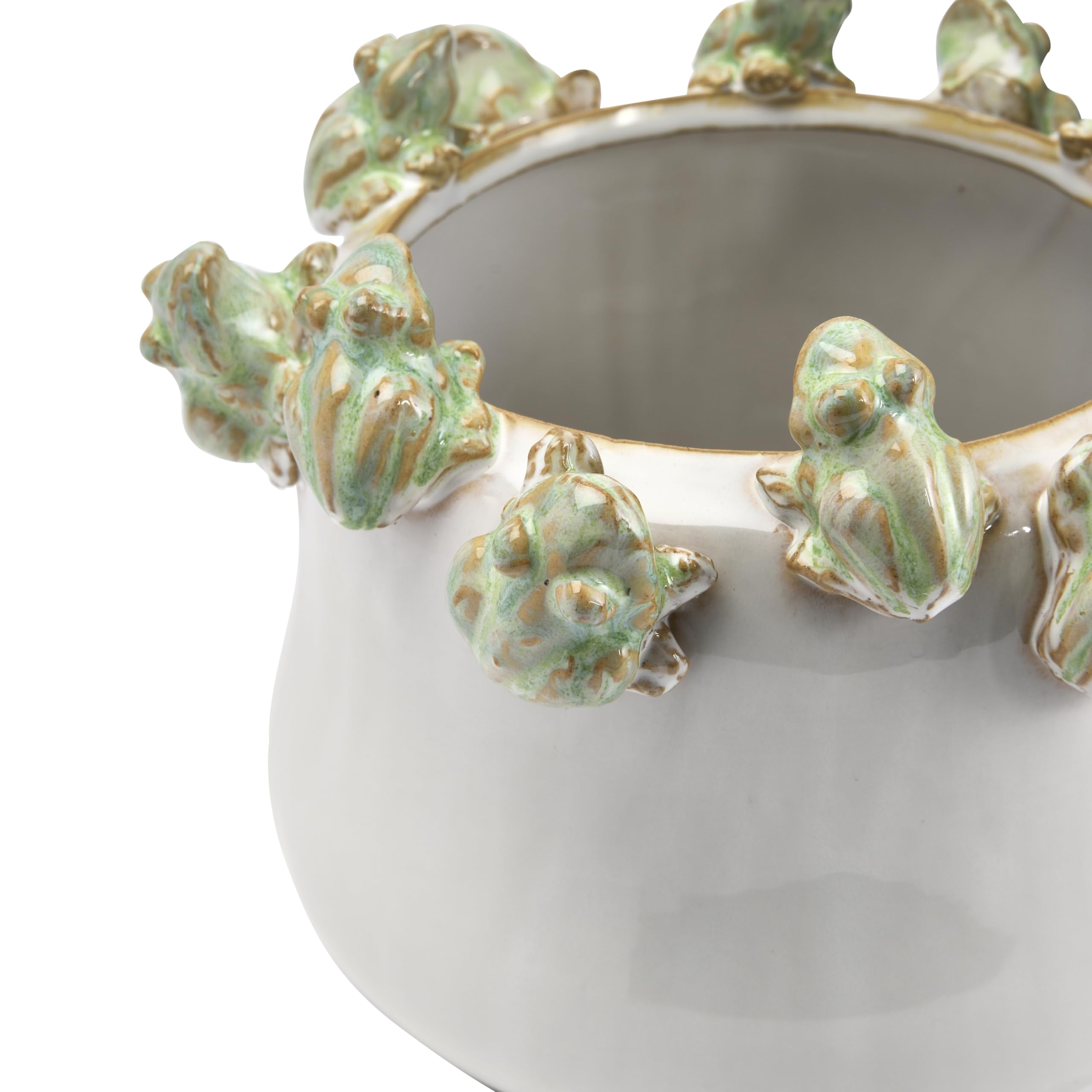 Creative Co-Op Stoneware Planter with Frog Figurine Rim, Multicolor