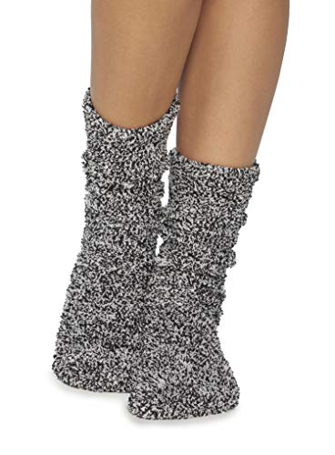 Barefoot Dreams CozyChic Women Heathered Socks, Crew Socks, Plush Socks, Loungewear, Warm Toes, Fuzzy Socks-Black/White-Stone/White (Set of 2)