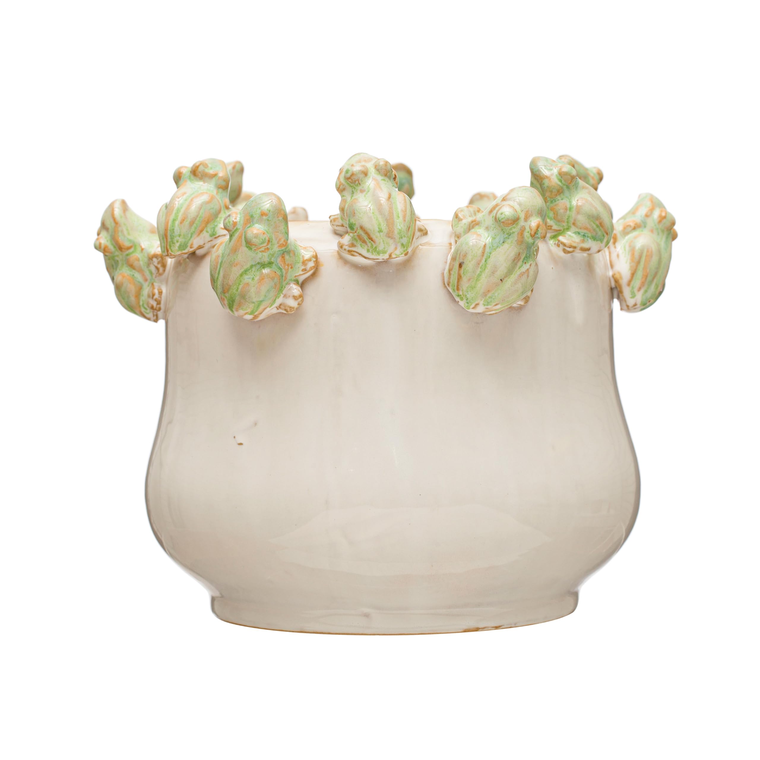 Creative Co-Op Stoneware Planter with Frog Figurine Rim, Multicolor