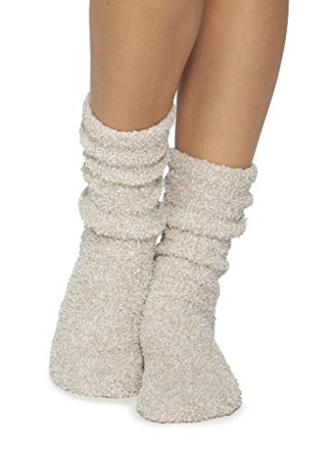 Barefoot Dreams CozyChic Women Heathered Socks, Crew Socks, Plush Socks, Loungewear, Warm Toes, Fuzzy Socks-Black/White-Stone/White (Set of 2)