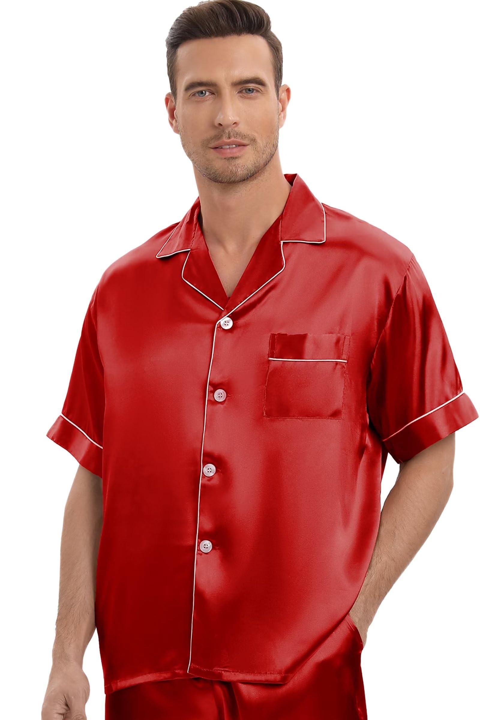 AUECK Mens Satin Pajamas Set Short Sleeve Button Down Sleepwear Soft 2 Piece Silk Loungewear with Pockets(Red,XX-Large)