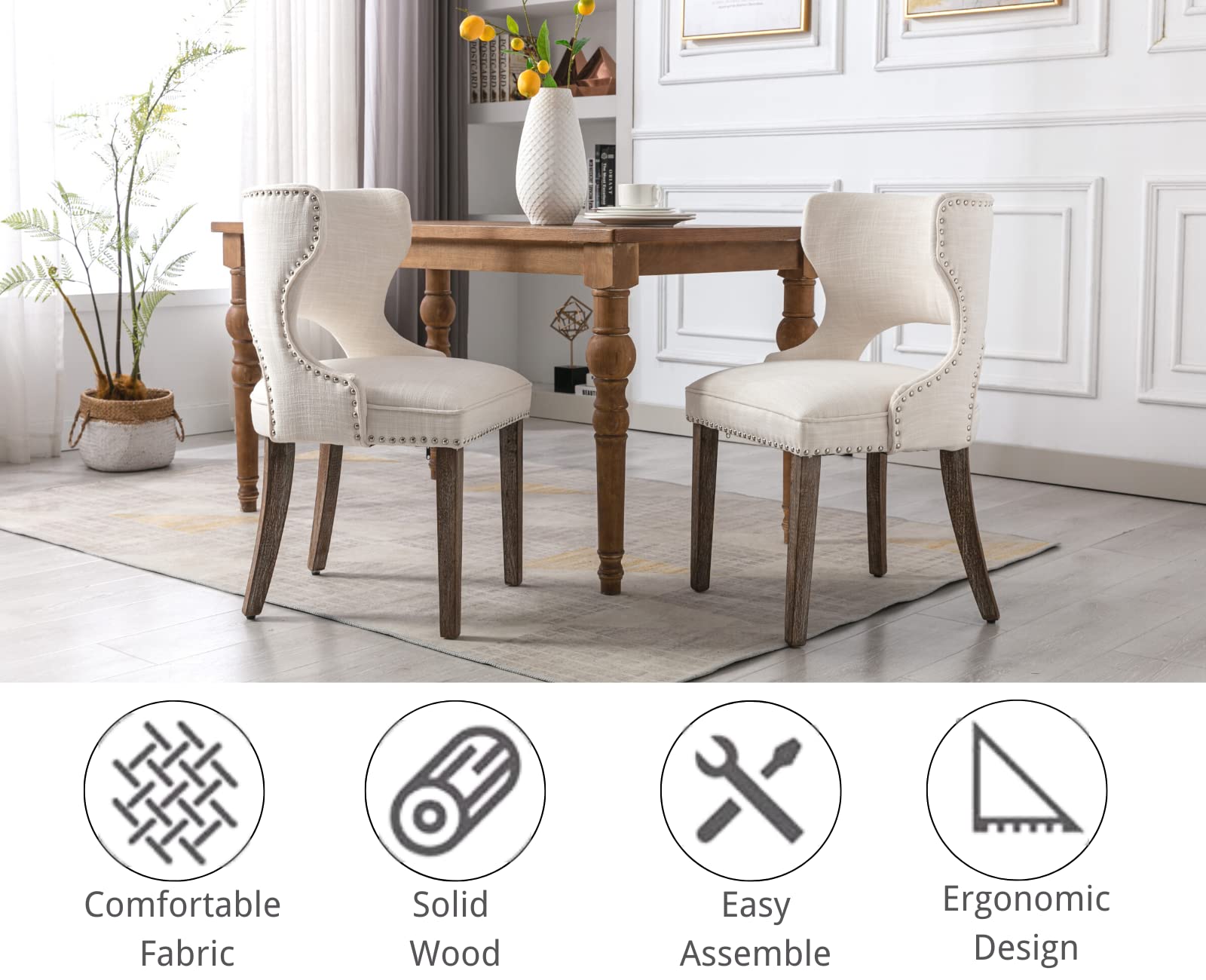 CIMOTA Mid Century Modern Dining Chairs Set of 2, Upholstered Dining Room Chairs Comfy Armless Side Chairs with Open Back/Nailhead Trim for Kitchen/Dining Room/Living Room, Linen Beige/2PCS